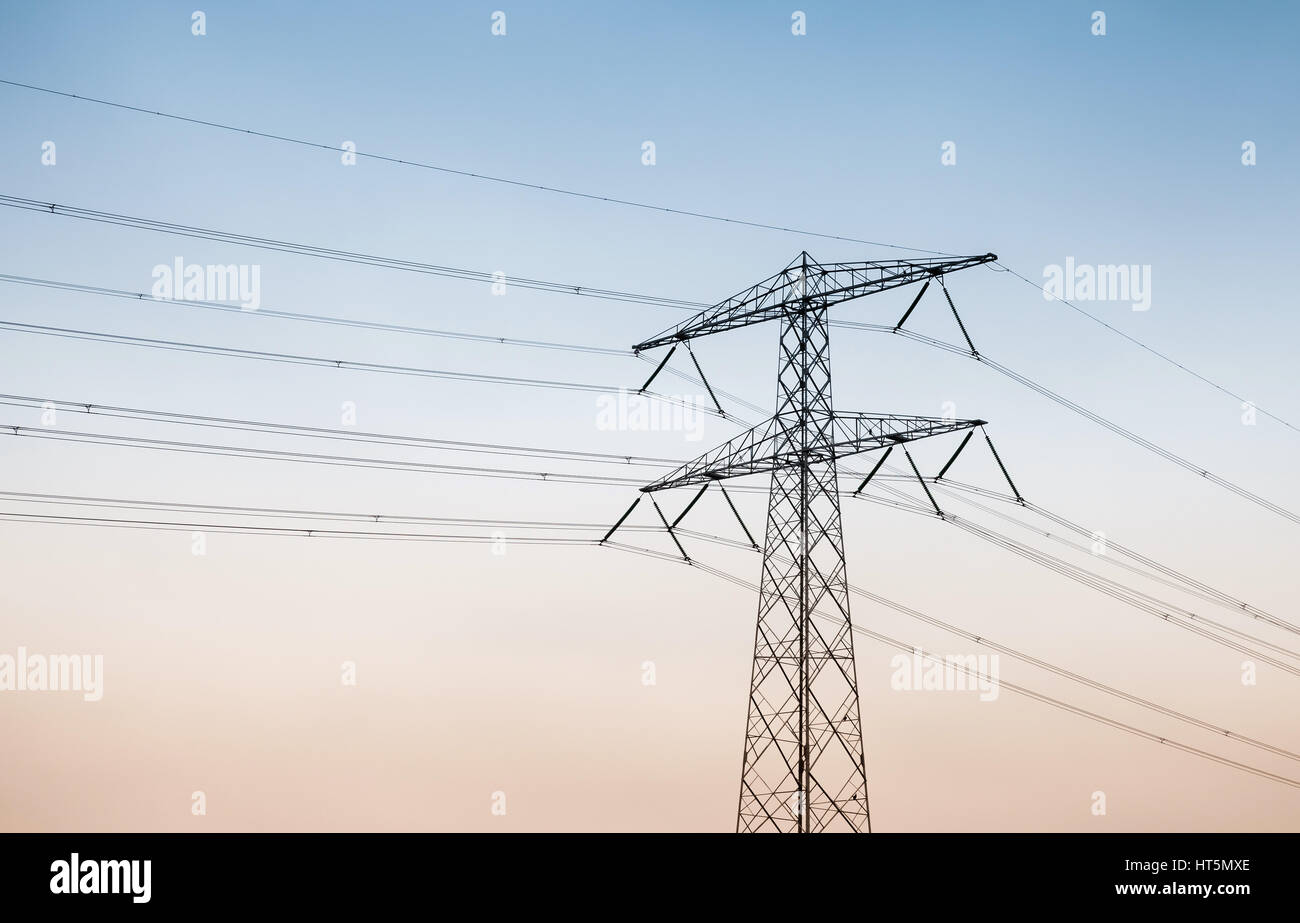 Transmission power tower, electricity pylon over sky background. Steel ...