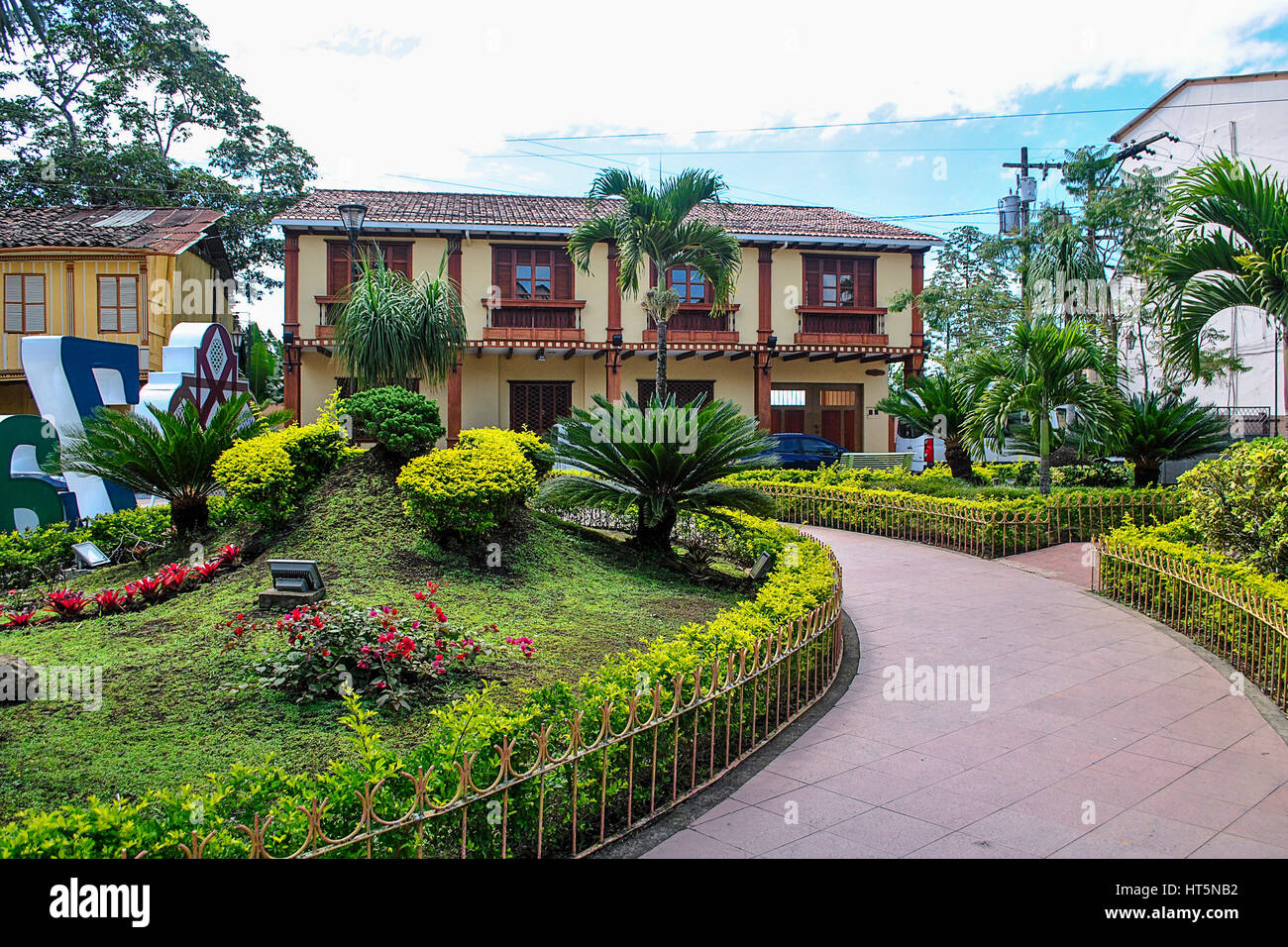 Colonial building in front of Central Park. Zaruma. Ecuador Stock Photo ...