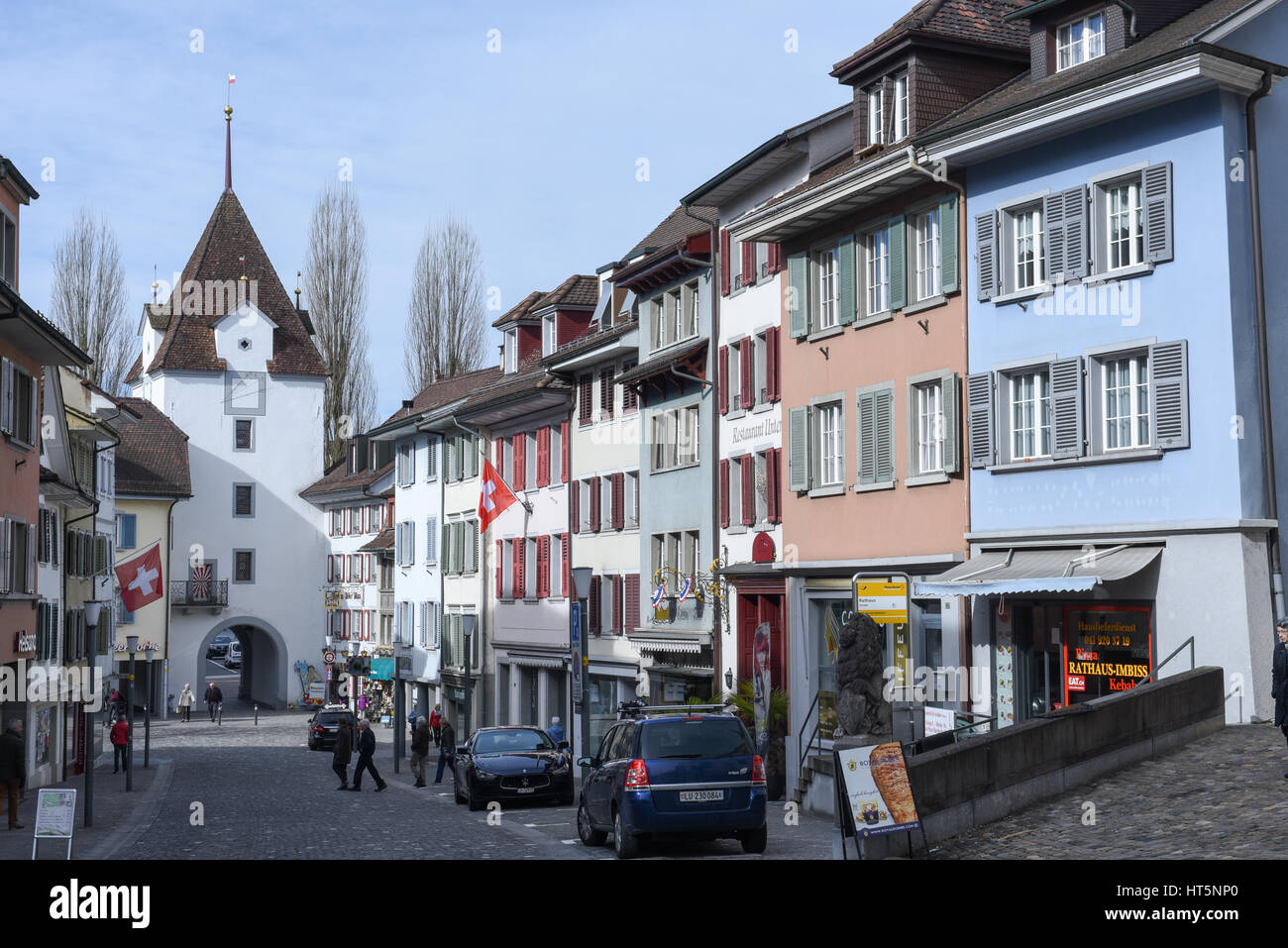Sursee, Switzerland - 4 March 2017: people walking in front of medieval ...