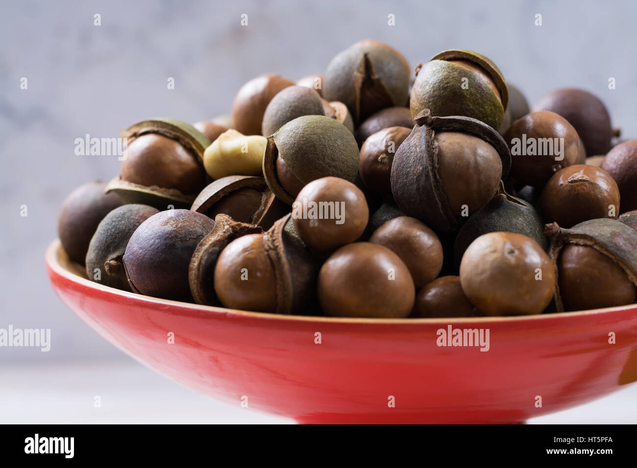 Macadamia nuts harvest close up with leaves Stock Photo - Alamy