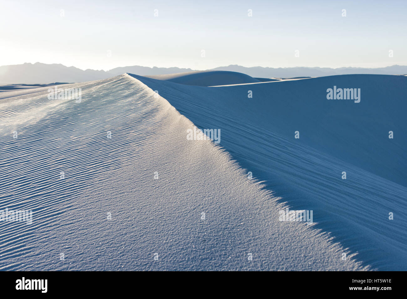 The crest of a sand dune in late afternoon light, White Sands National ...