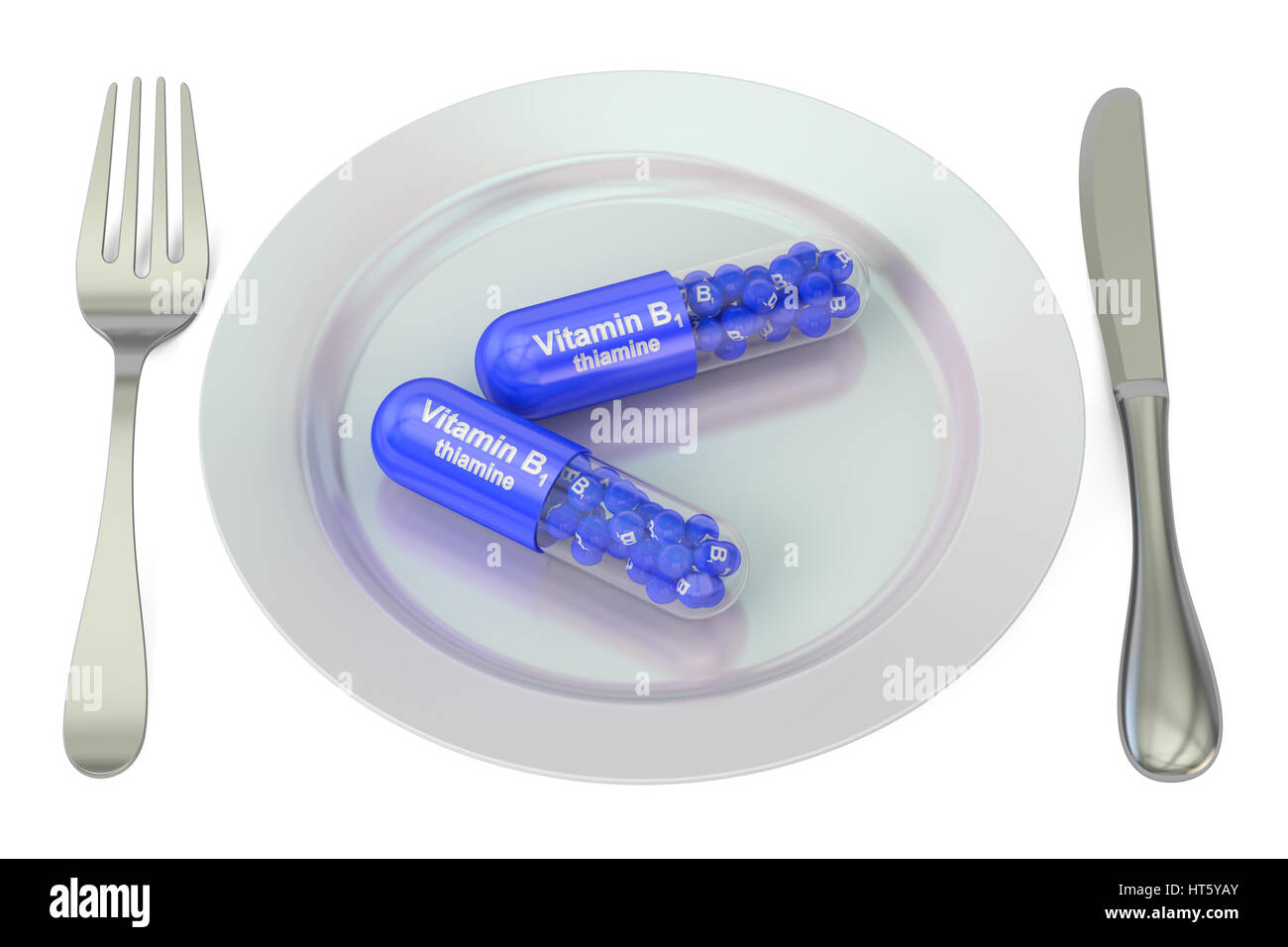 Diet and healthy meal concept. Plate with vitamin B1 capsules, 3D ...