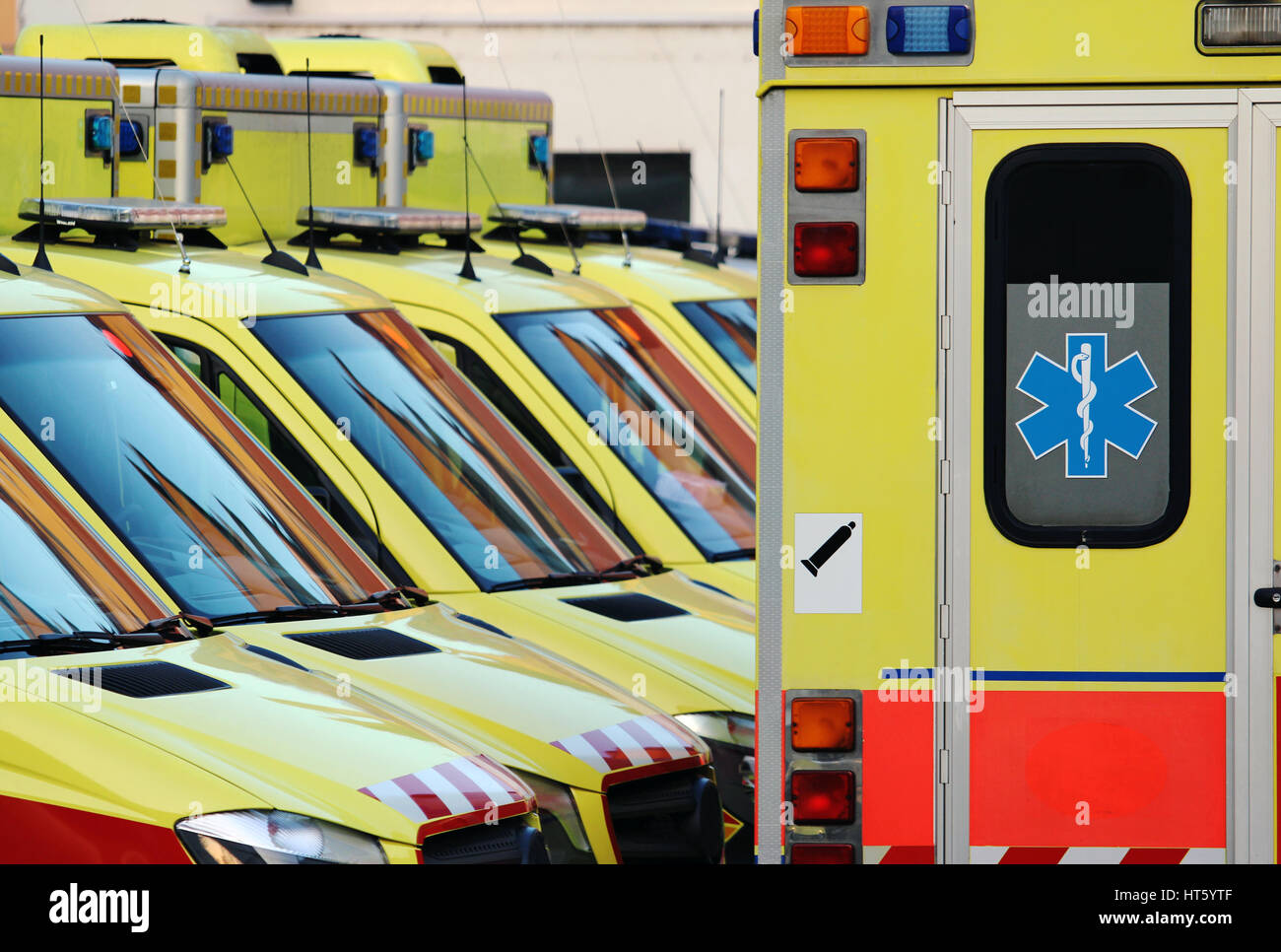detail of emergency ambulance cars in hospital yard Stock Photo - Alamy