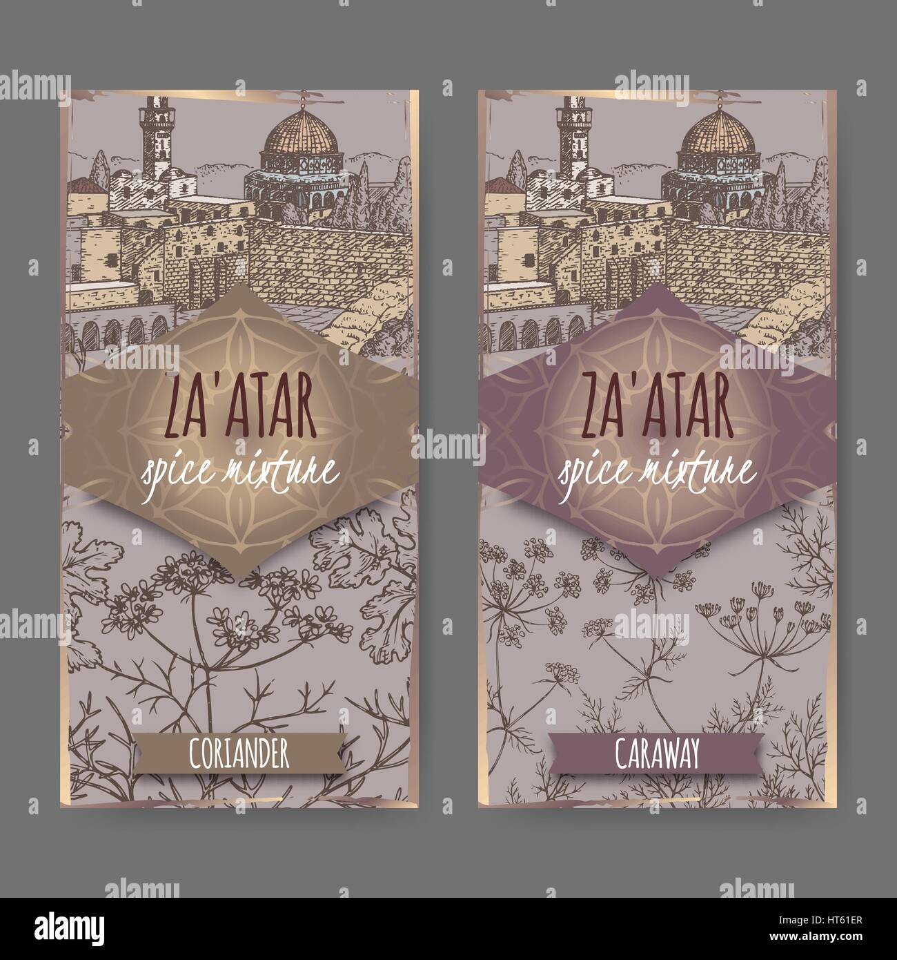 Two Zaatar labels with Jerusalem landscape, coriander and caraway ...