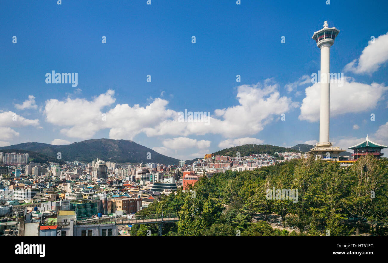 Republic of Korea, Busan, view of Busan City with Busan Tower Stock ...