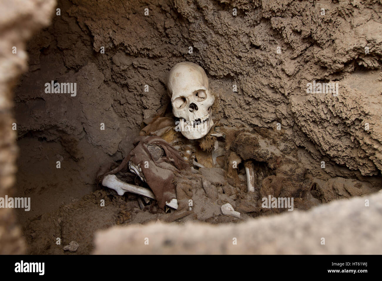 Exposed human skeleton and skull in a burial mound in the Andes still ...