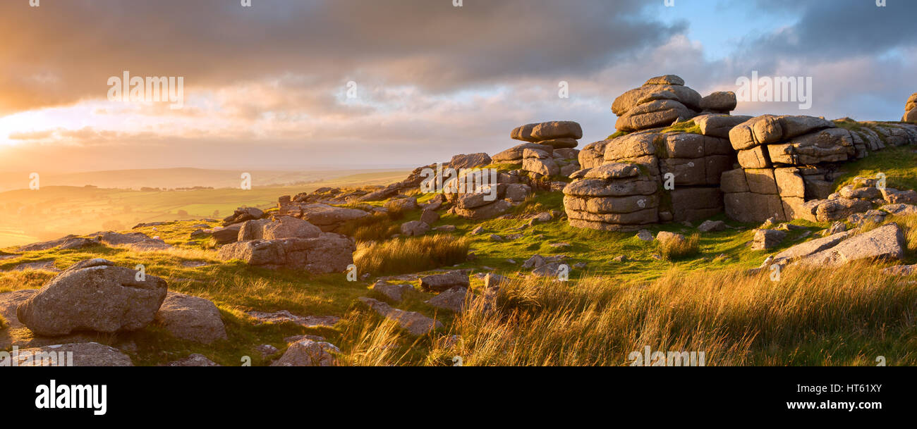 Golden light at sunset illuminating Roo's Tor Dartmoor National Park ...