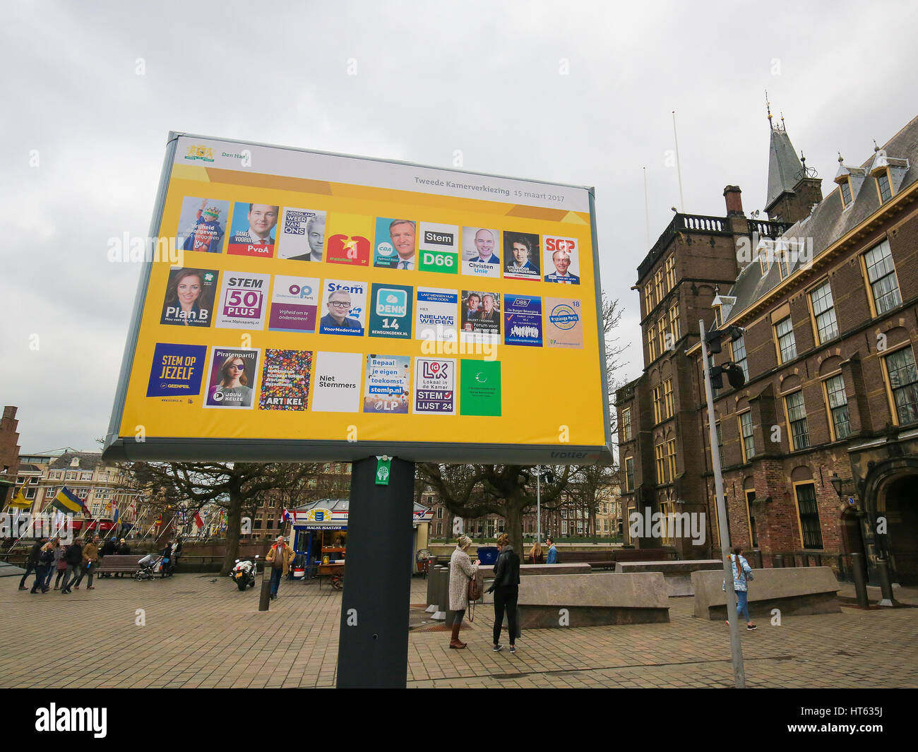 Board with the election posters of all Dutch political parties at the ...