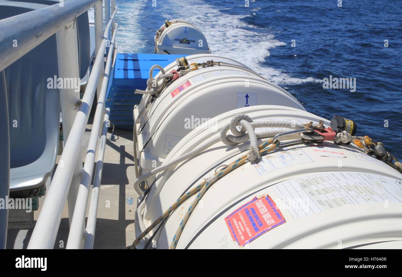 SAINT-TROPEZ, FRANCE - AUGUST 21 2016: Life raft cannisters and other ...