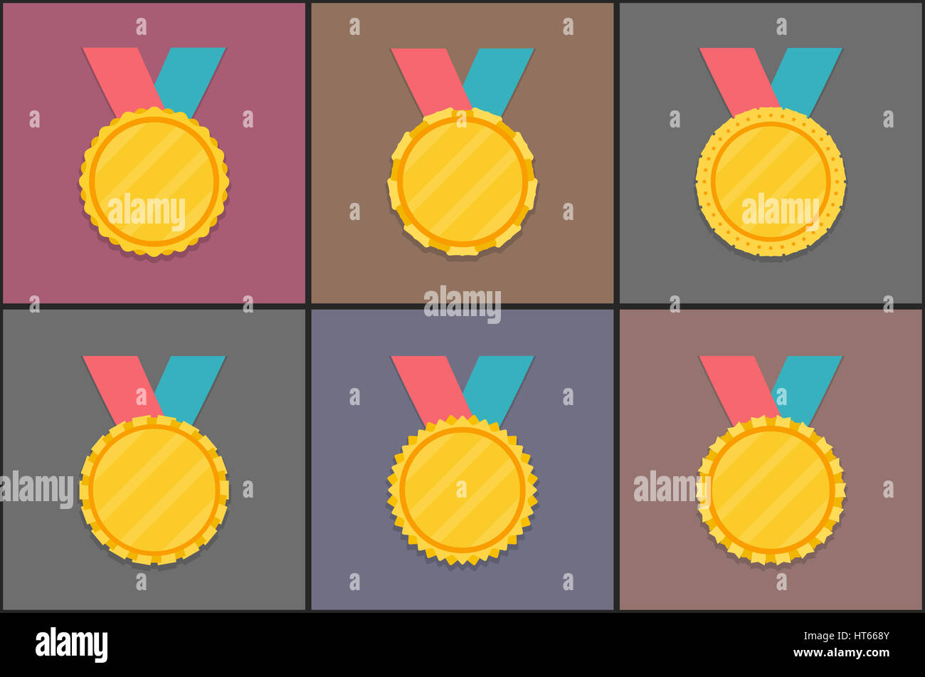 Six golden medals with ribbons, flat design, vector eps10 illustration ...