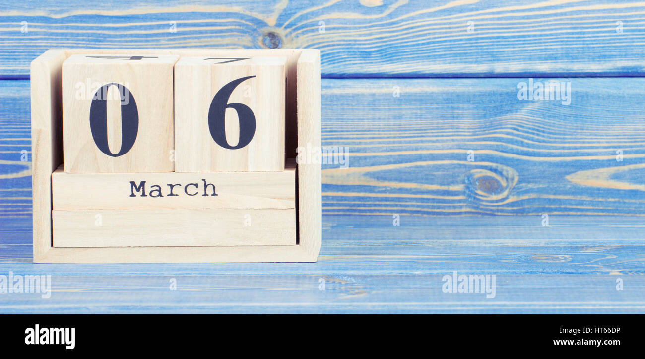 Vintage photo, March 6th. Date of 6 March on wooden cube calendar, copy ...