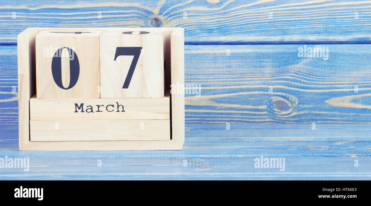 Vintage photo, March 7th. Date of 7 March on wooden cube calendar, copy ...