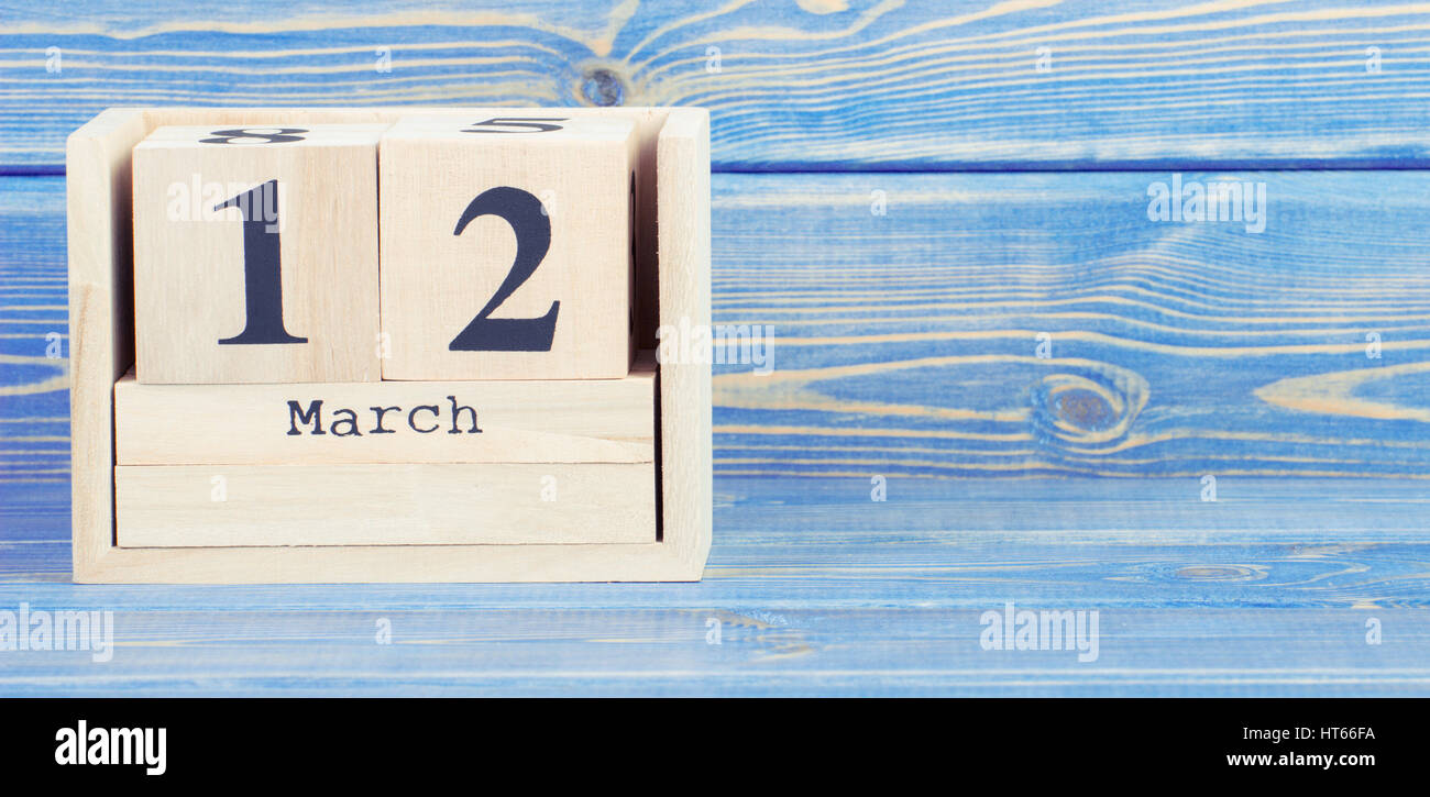 Vintage photo, March 12th. Date of 12 March on wooden cube calendar ...