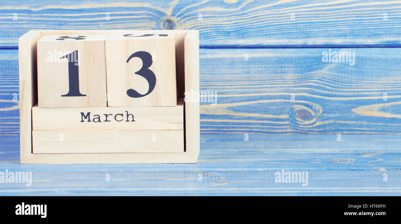 Vintage photo, March 13th. Date of 13 March on wooden cube calendar ...