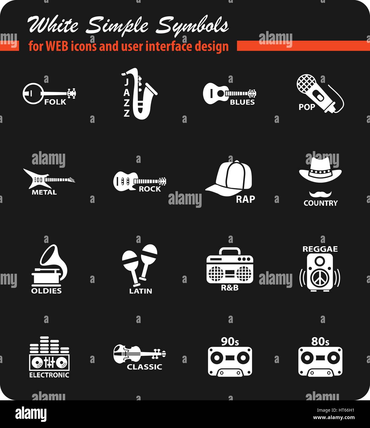 musical genre white simple symbols for web icons and user interface ...