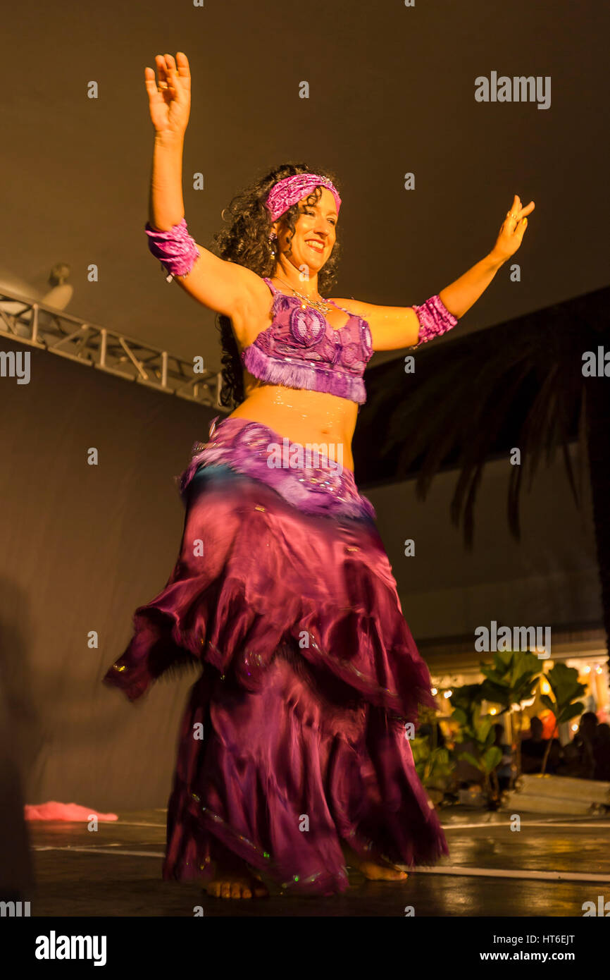 MIAMI BEACH, FLORIDA, USA - Woman belly dancing on stage, at South ...