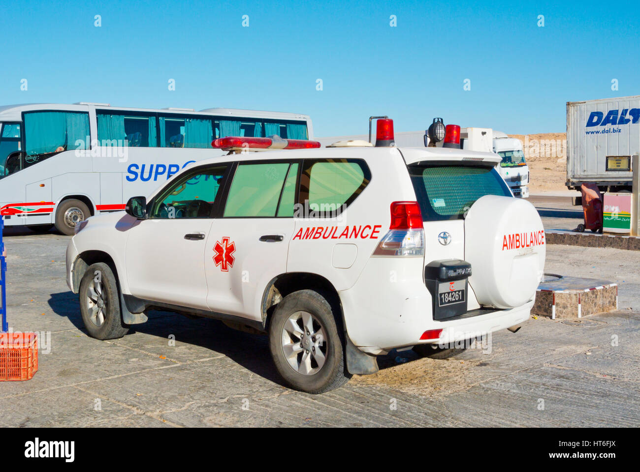 SUV ambulance, Petrom Sahara service station, N1 road, between Boujdour ...