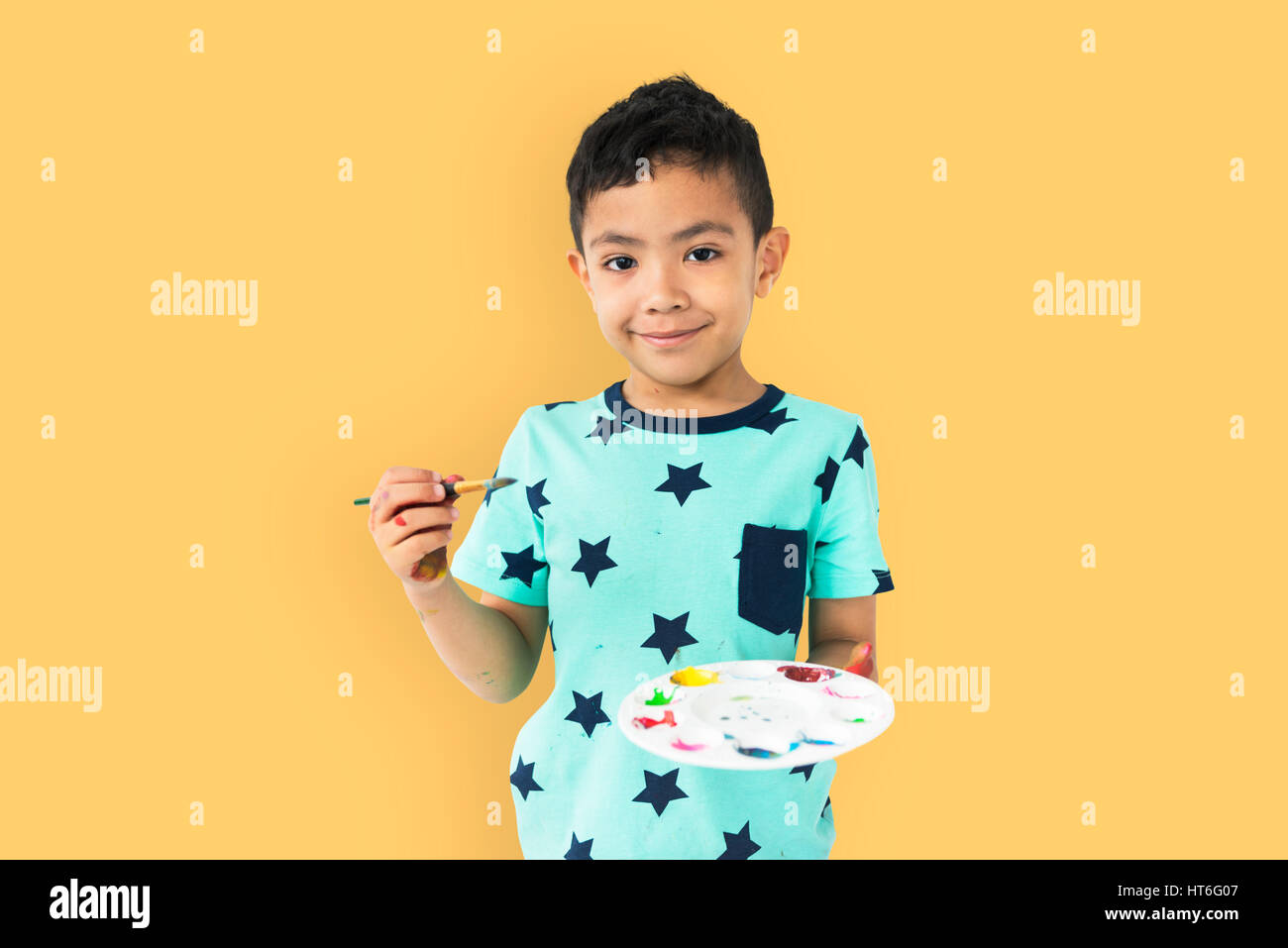 Little Boy Hands Hold Colors Plate Paint Stock Photo - Alamy