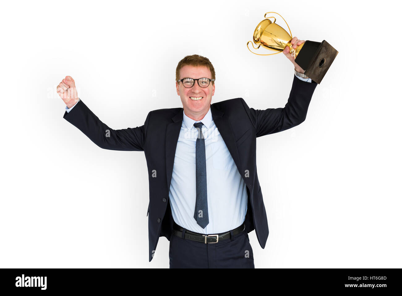 Business Man Holding Trophy Happy Stock Photo - Alamy