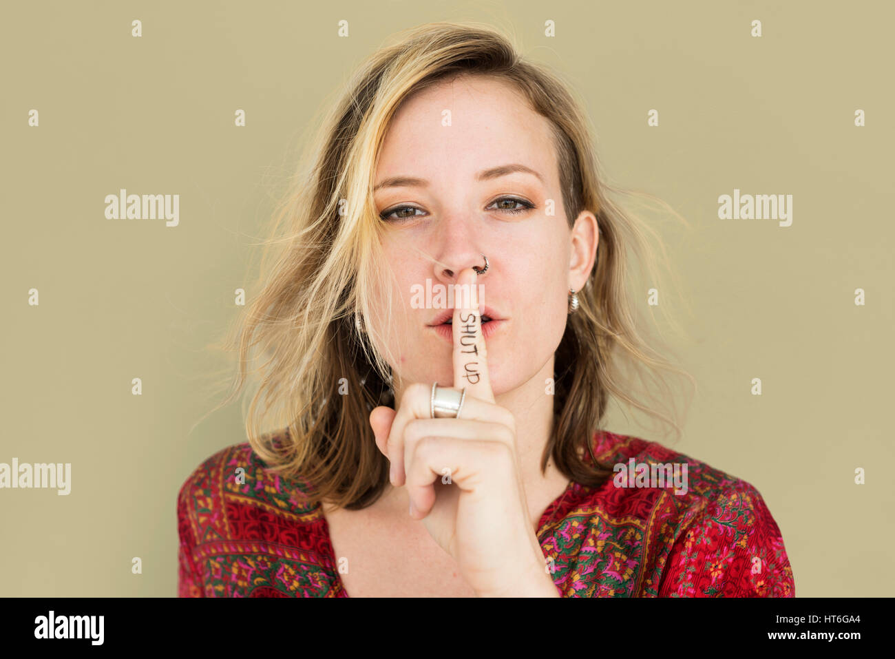 Caucasian Lady Hand Gesture Shut Up Stock Photo - Alamy