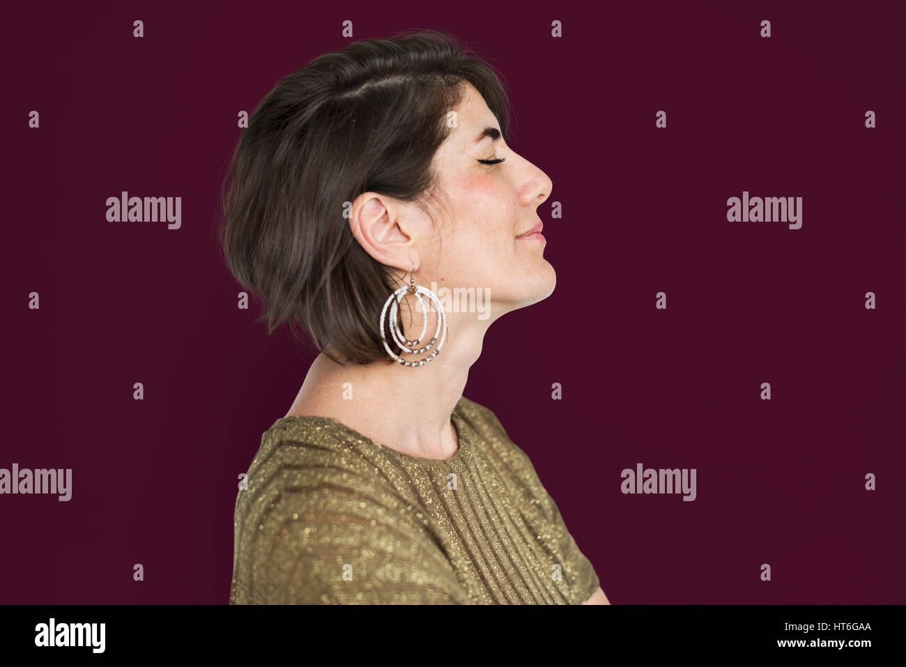 Caucasian Lady Smiling Happy Side View Stock Photo - Alamy
