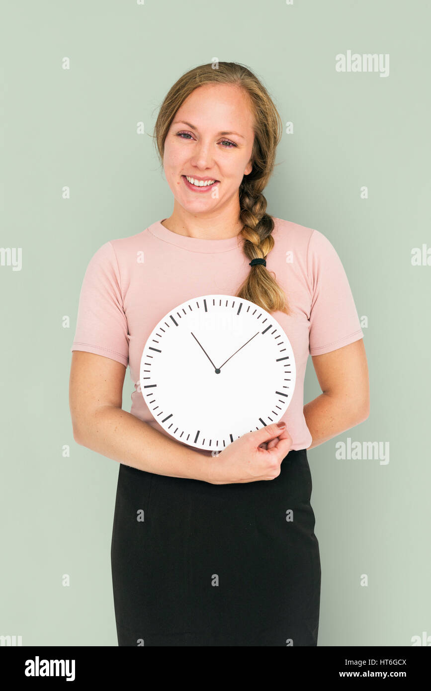 Caucasian Lady Holding Clock Concept Stock Photo - Alamy