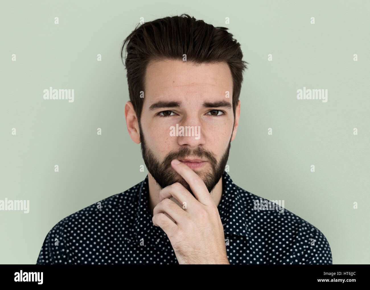 Young Caucasian Thinking Hand Gesture Stock Photo - Alamy