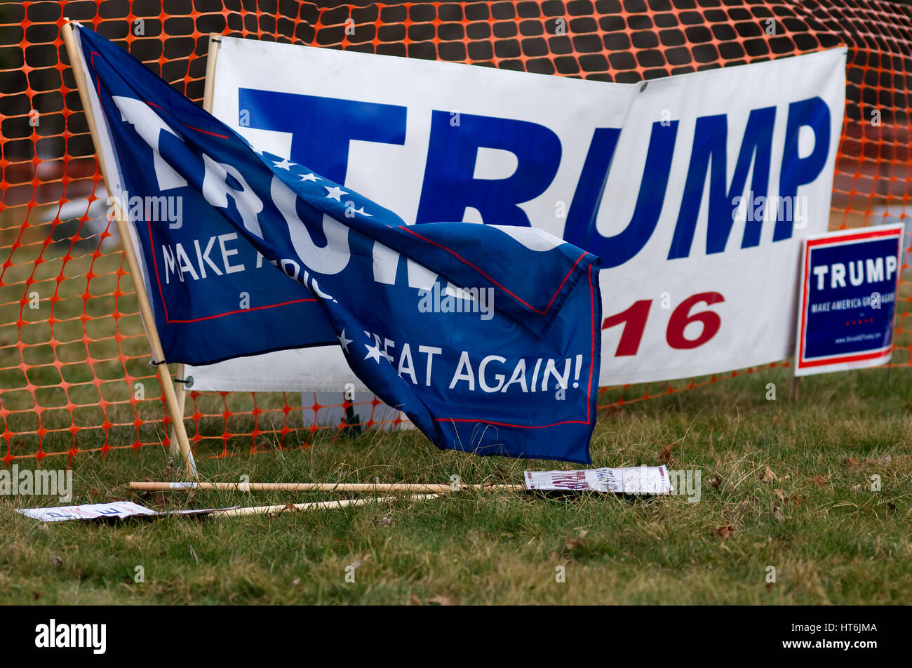Signs and flags in support of the US President at a pro-Trump rally ...