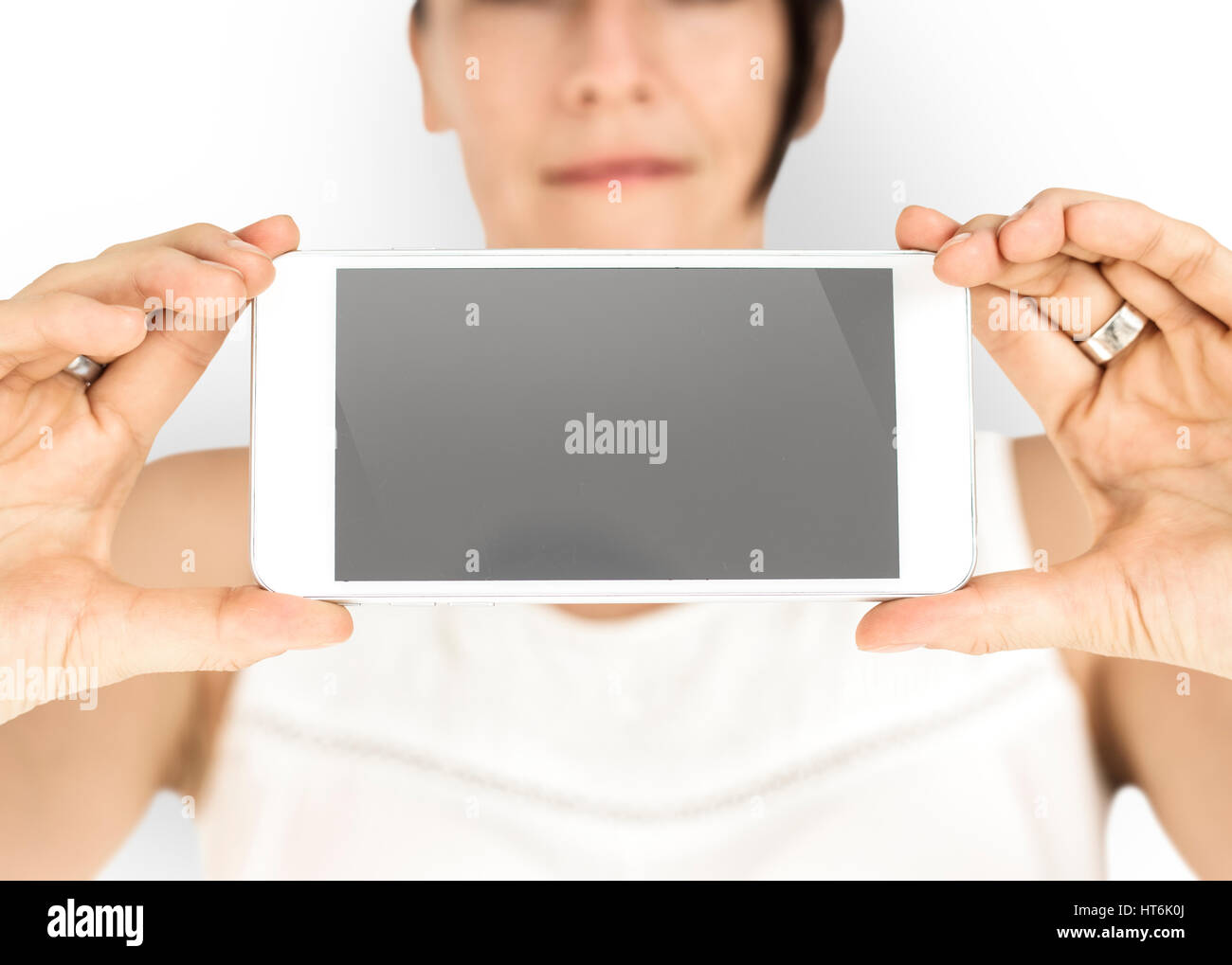 Caucasian Lady Holding Smart Phone Stock Photo - Alamy