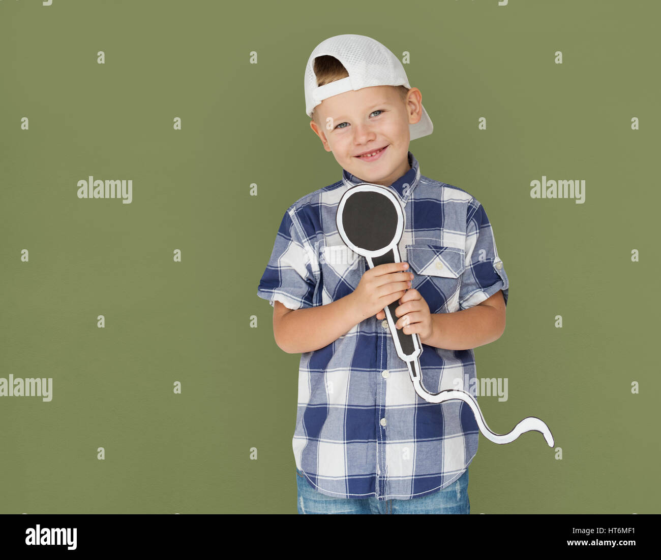 Caucasian Little Boy Microphone Smiling Stock Photo - Alamy
