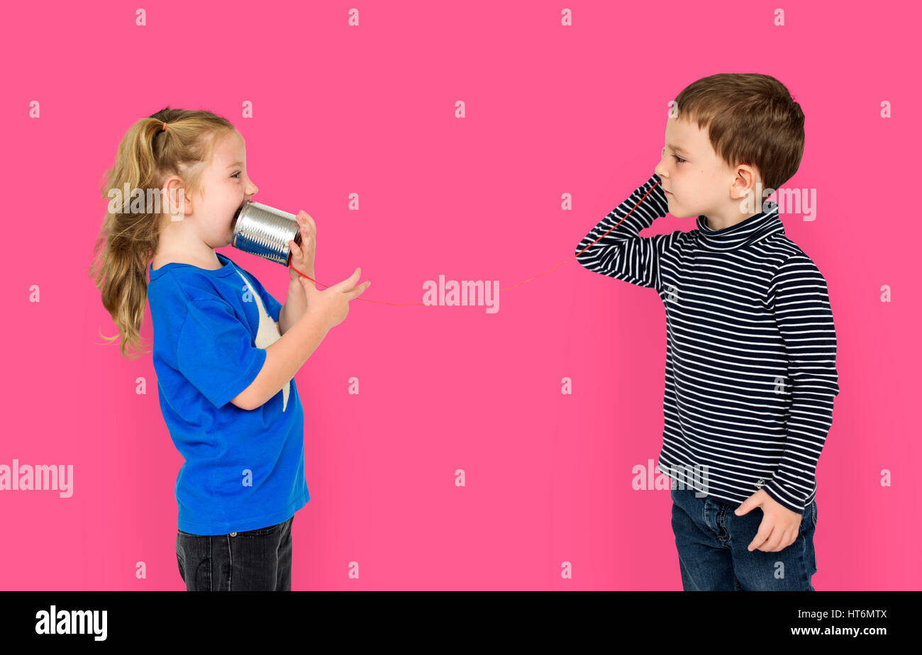 Little Kids Using String Phone Adorable Cute Stock Photo - Alamy