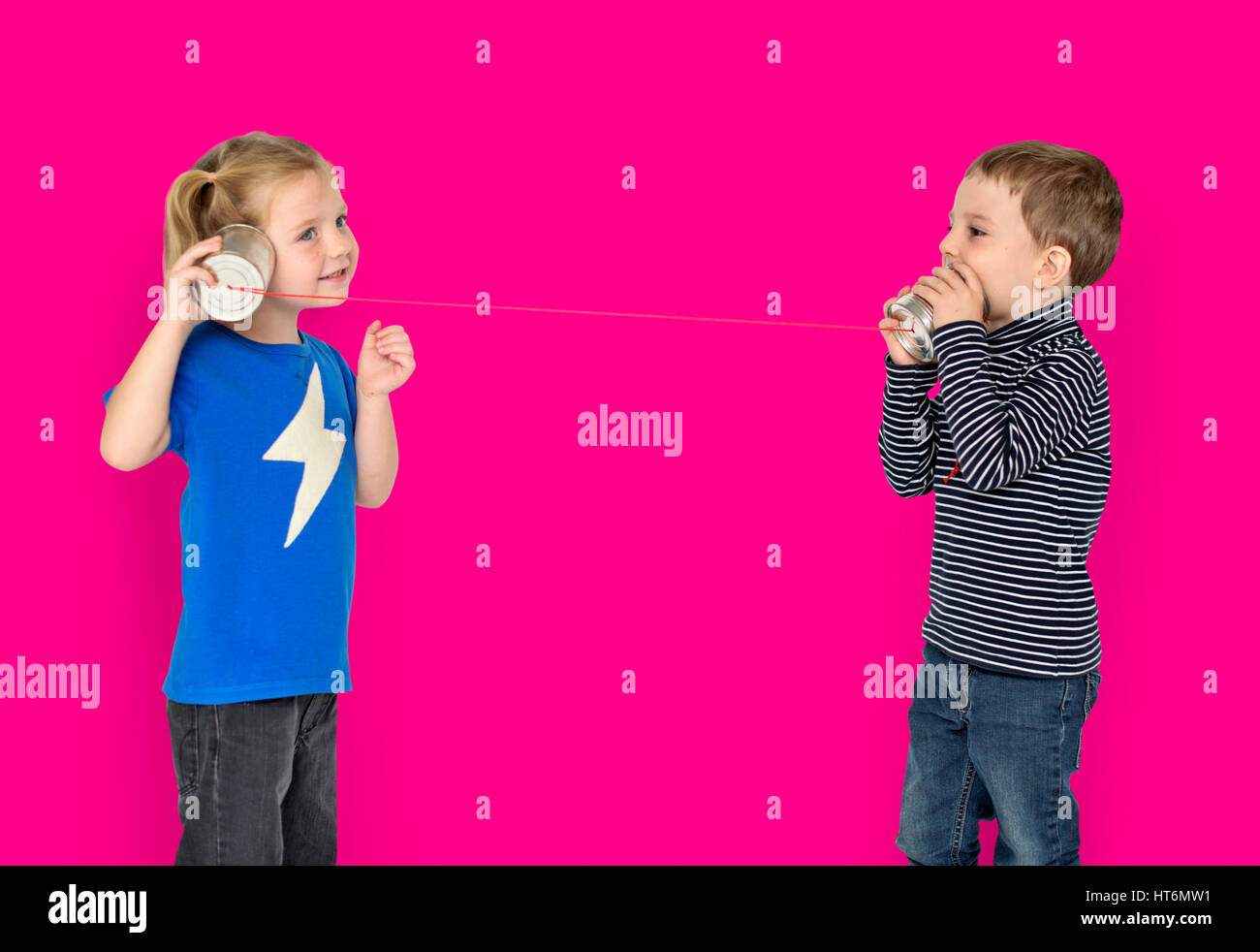Little Kids Using String Phone Adorable Cute Stock Photo - Alamy