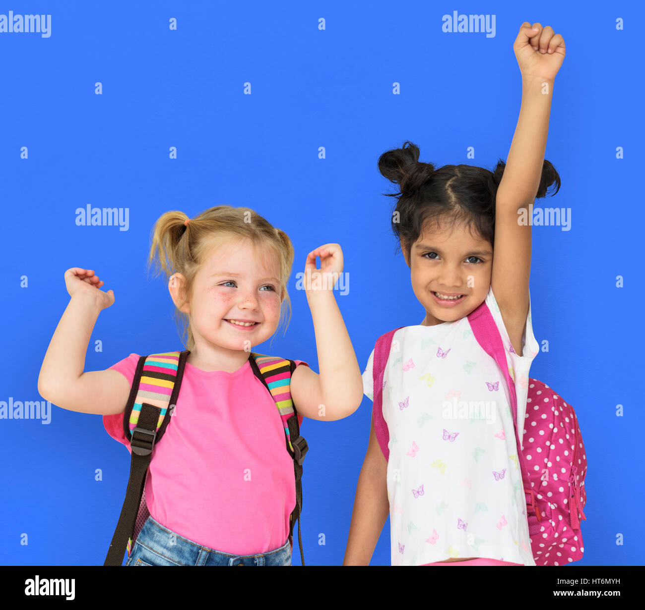 Little Girls Hands Up Cheerful Happy Stock Photo - Alamy