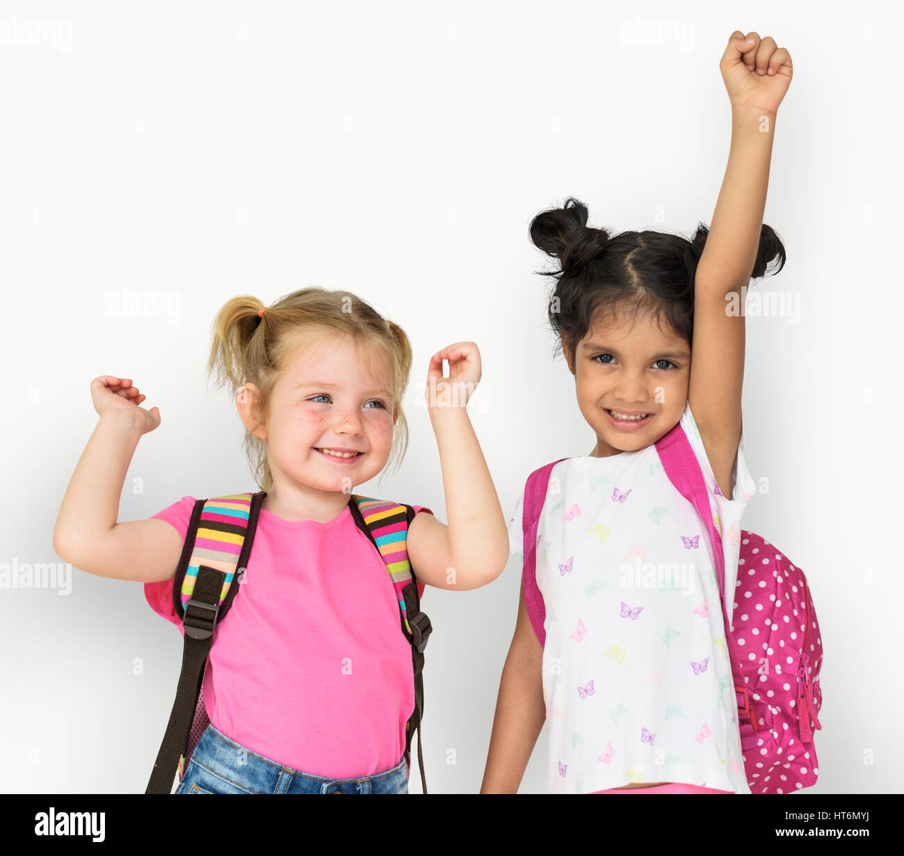 Little Girls Hands Up Cheerful Happy Stock Photo - Alamy