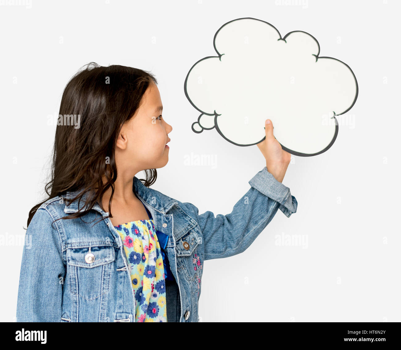 Little Girl Holding Chat Box Smiling Adorable Stock Photo - Alamy