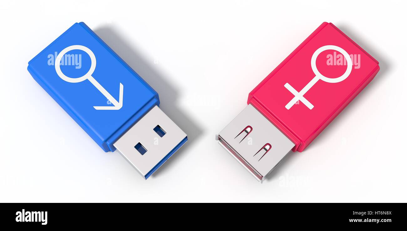 3d illustration of simple usb stick with gender symbols. isolated on ...