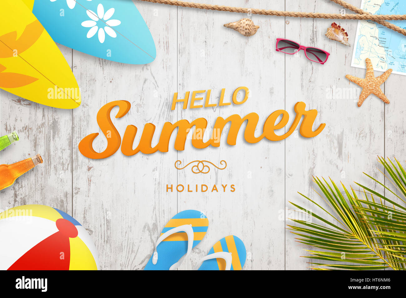 Hello summer holiday text on white wooden desk surrounded by slipers ...