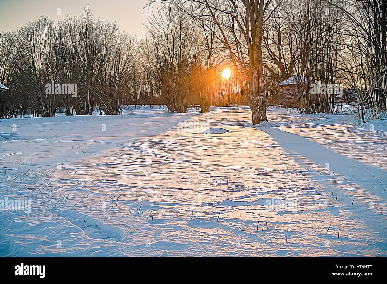 Winter landscape in snow nature with sun and tree Stock Photo - Alamy