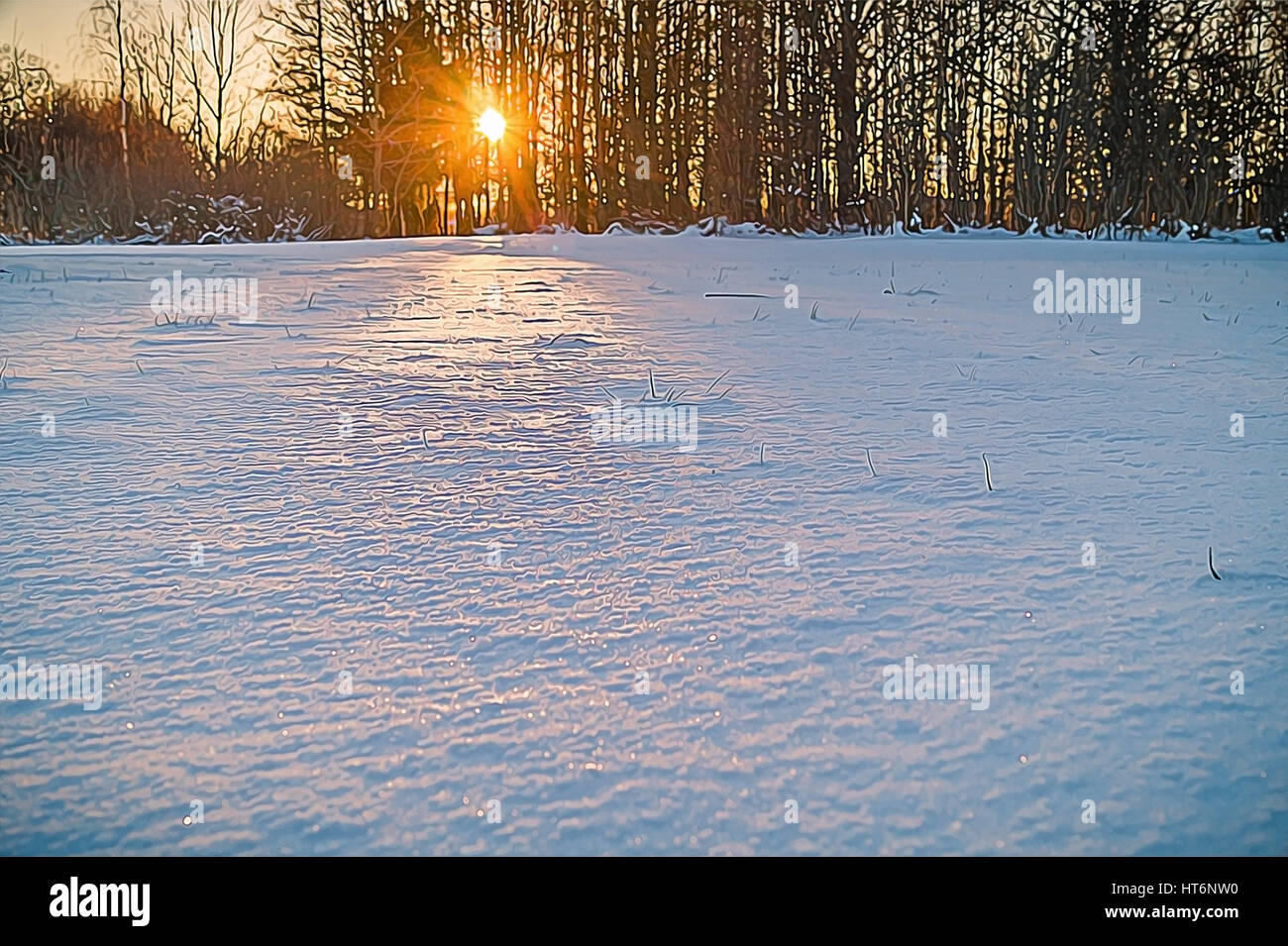 Winter landscape in snow nature with sun and tree Stock Photo - Alamy
