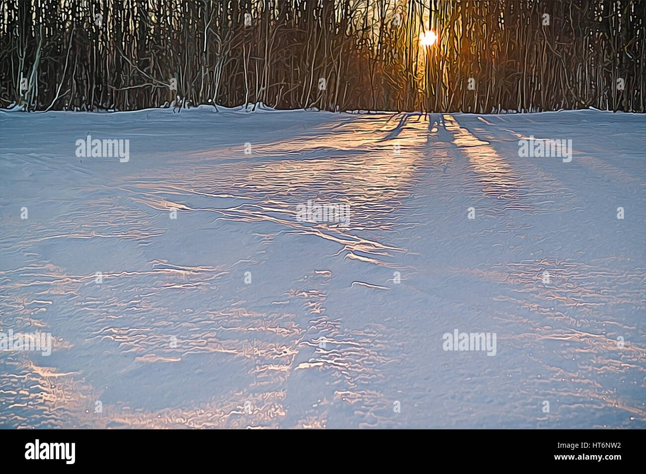 Winter landscape in snow nature with sun and tree Stock Photo - Alamy
