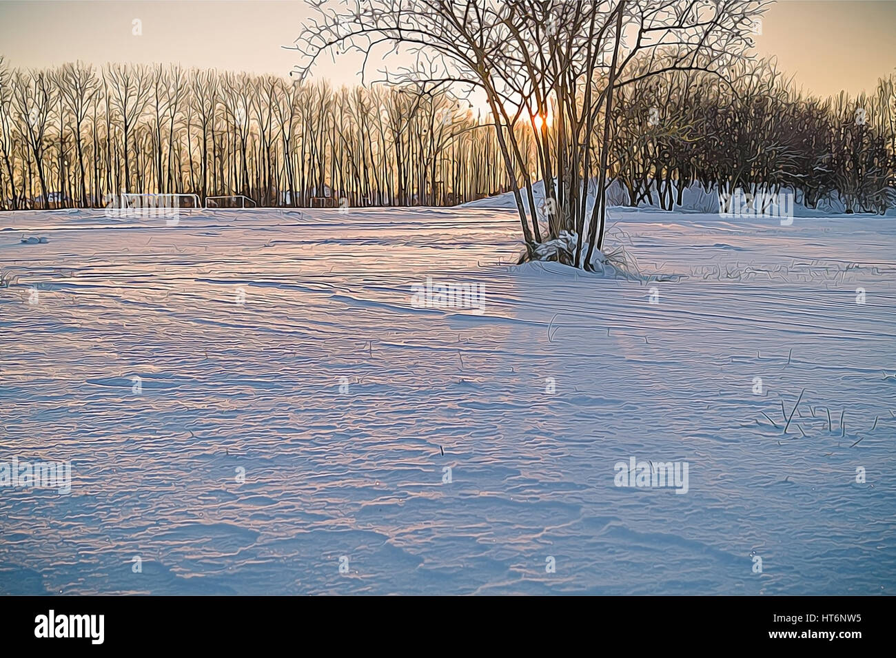 Winter landscape in snow nature with sun and tree Stock Photo - Alamy