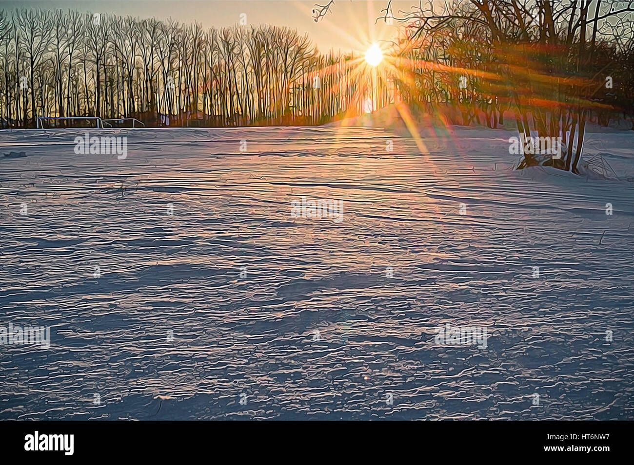 Winter landscape in snow nature with sun and tree Stock Photo - Alamy