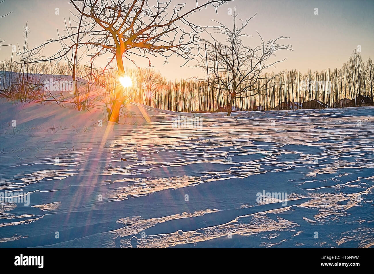 Winter landscape in snow nature with sun and tree Stock Photo - Alamy