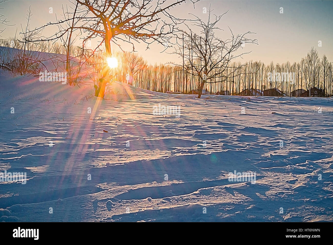 Winter landscape in snow nature with sun and tree Stock Photo - Alamy