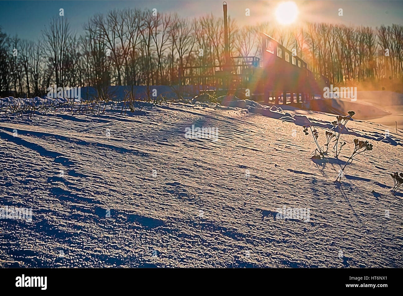 Winter landscape in snow nature with sun and tree Stock Photo - Alamy