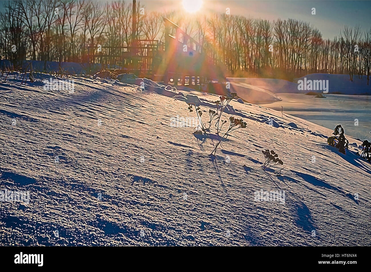 Winter landscape in snow nature with sun and tree Stock Photo - Alamy