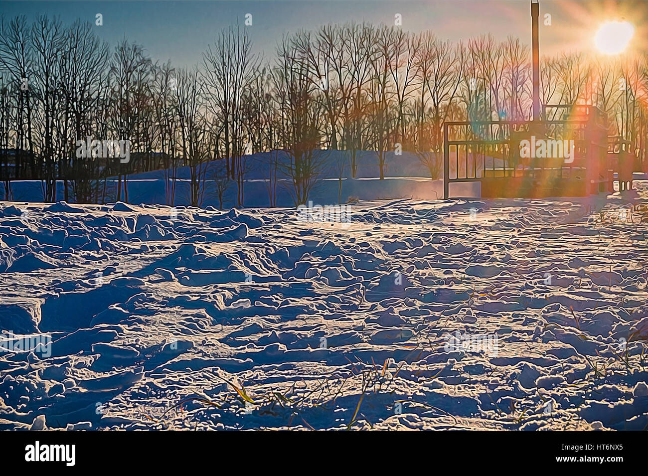 Winter landscape in snow nature with sun and tree Stock Photo - Alamy