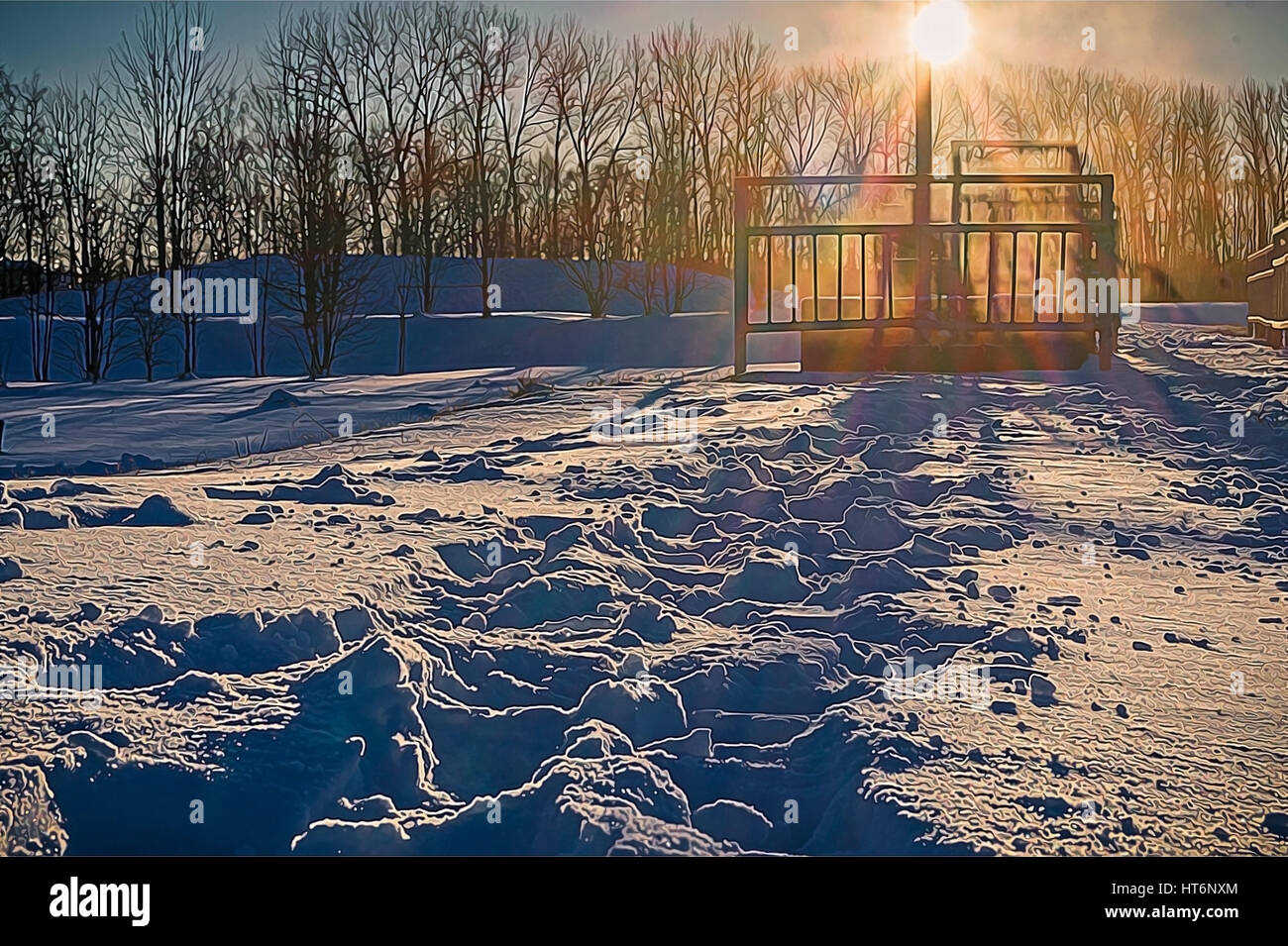 Winter landscape in snow nature with sun and tree Stock Photo - Alamy
