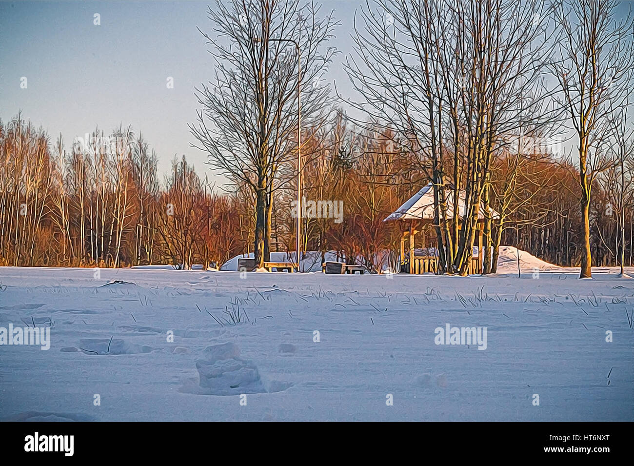 Winter landscape in snow nature with sun and tree Stock Photo - Alamy
