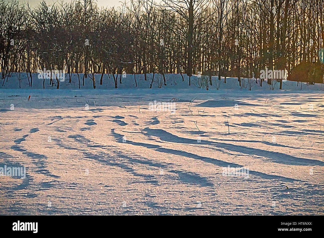 Winter landscape in snow nature with sun and tree Stock Photo - Alamy
